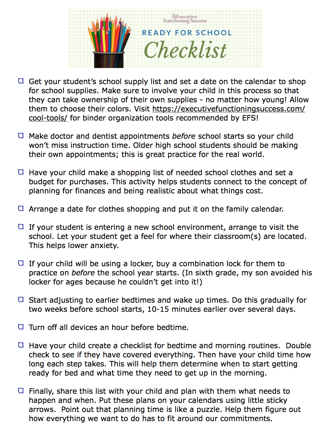 Ready For School Checklist Executive Functioning Success